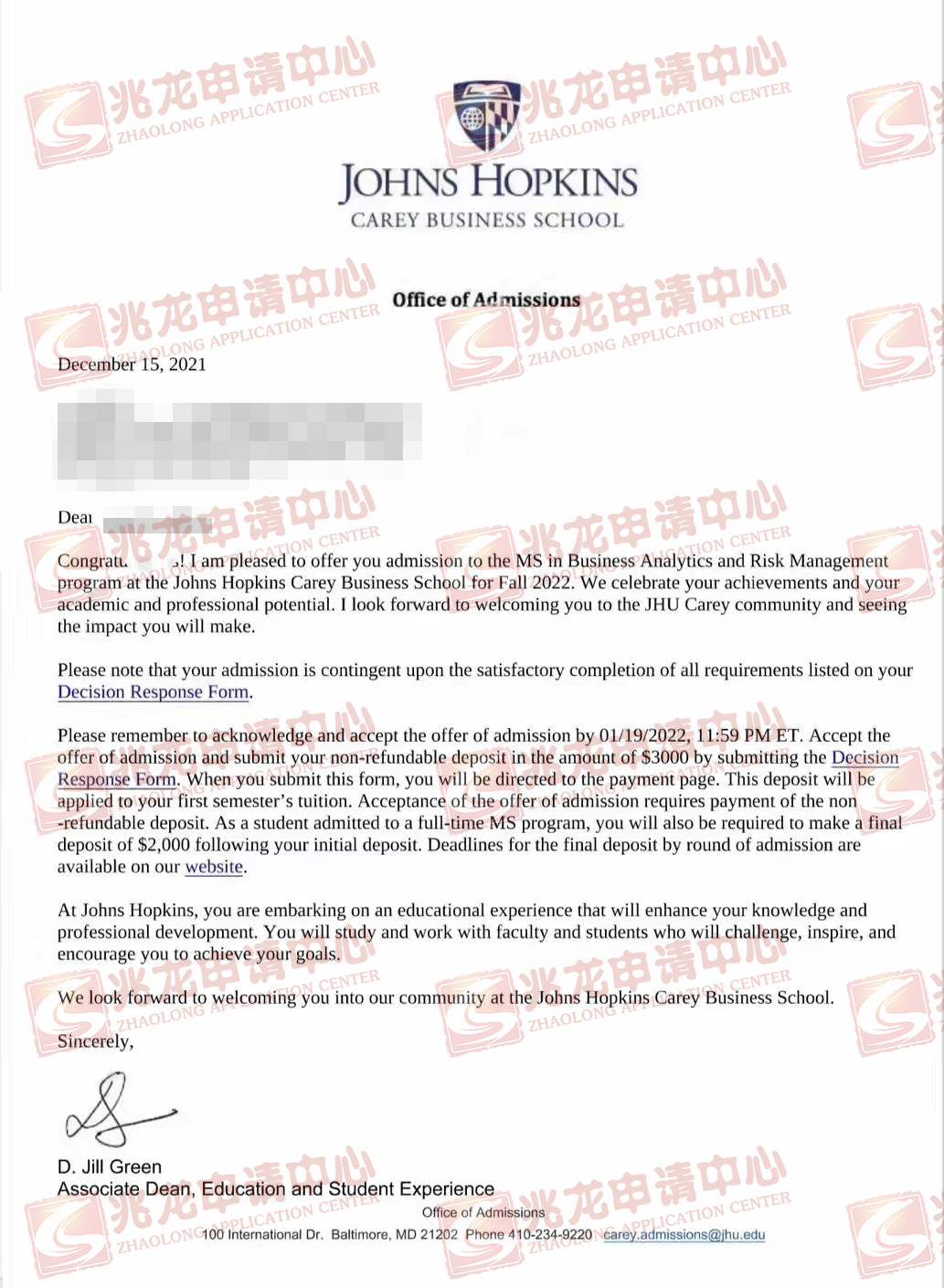 恭喜兆龙学子获得约翰霍普金斯大学商业分析与风险管理硕士offer - 兆龙留学